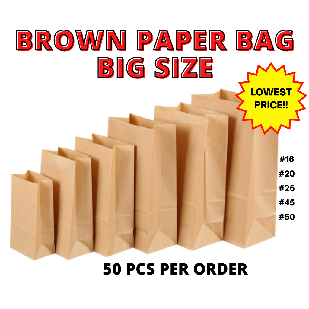 Big Sizes Brown Kraft Bag Supot 50PCS for Food, Clothes, Gift Packaging ...