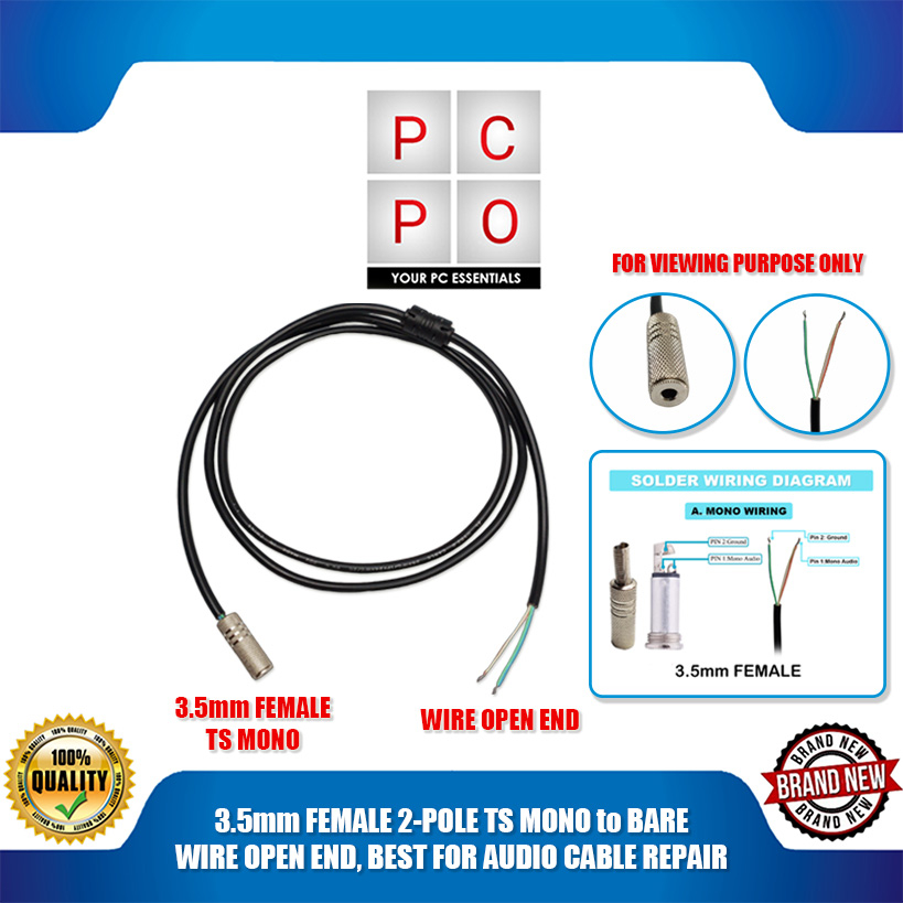 PC PO 3.5mm FEMALE 2-POLE TS MONO to BARE WIRE OPEN END, BEST FOR AUDIO ...