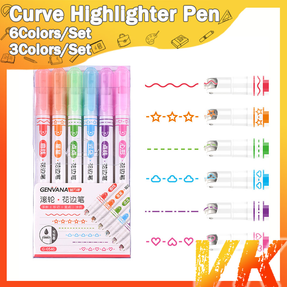 VK 6/3pcs Curve Pens Highlighter Cute Flowers Line Shaped Highlighters ...