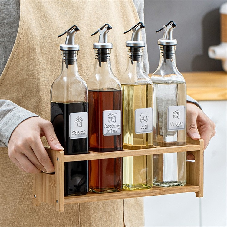 Kitchen Organizer Condiments Bottle Set 500ml 4Pcs With Wooden Rack Set ...