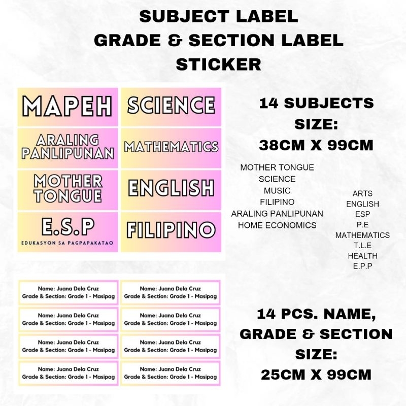 SUBJECT LABELS & NAME GRADE SECTION STICKER | Shopee Philippines