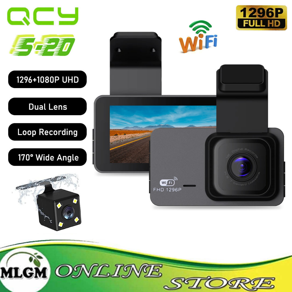 QCY S-20 Dashcam WiFi 1296+1080P Full HD Car Camera Recorder Dual Lens ...