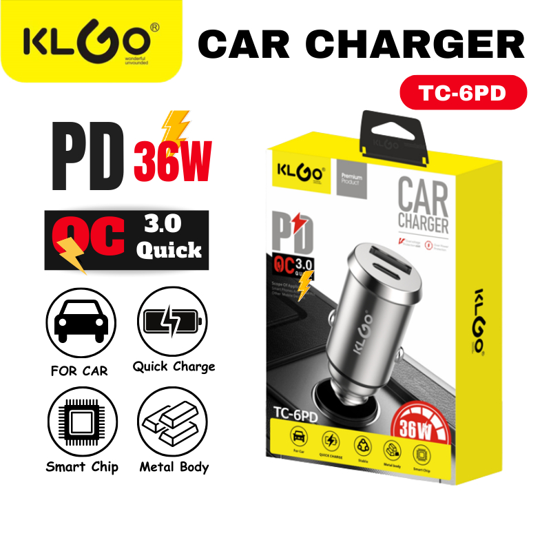 KLGO TC-6PD 36W PD Quick Charging 3.0 Fast Charger Metal Body USB Dual ...