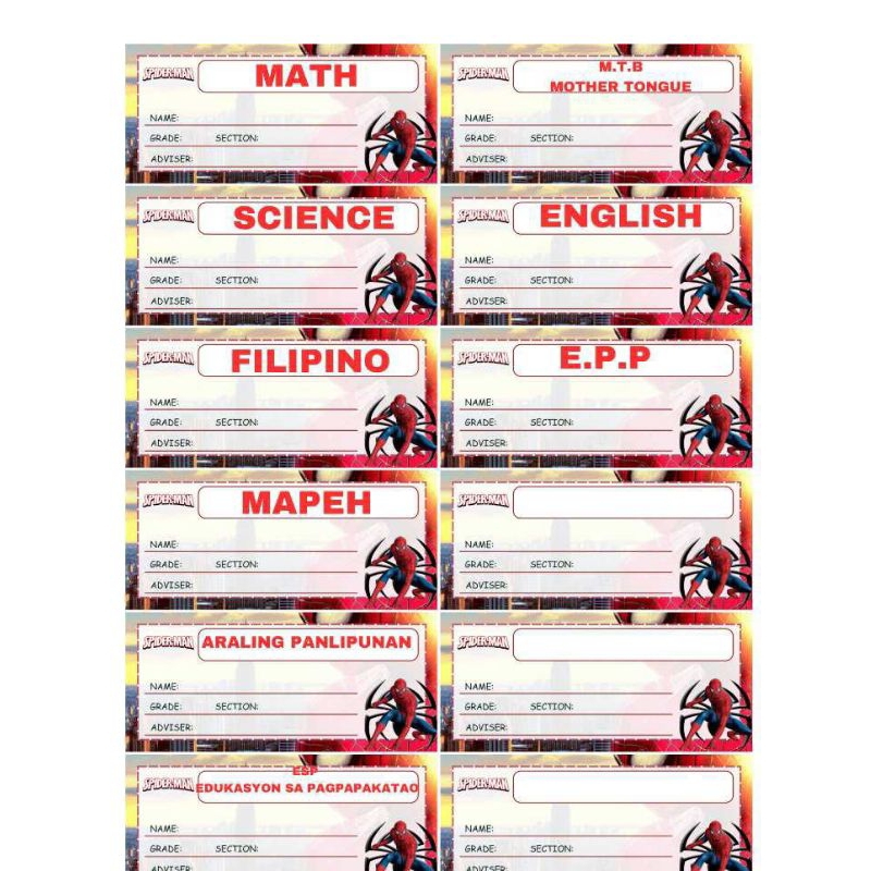Notebook Sticker SPIDERMAN 12pcs with Subject (name, teacher & Grade ...