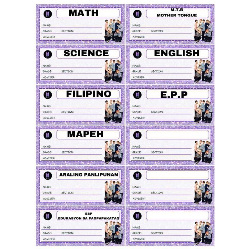 Notebook Sticker BTS 12pcs with Subject (name, teacher & Grade writable ...