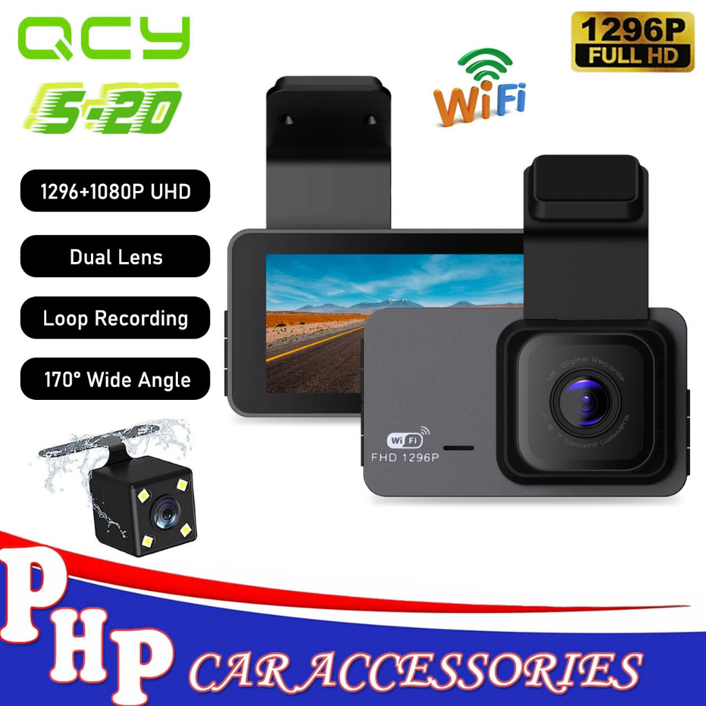 QCY S-20 Dashcam WiFi 1296+1080P Full HD Car Camera Recorder Dual Lens ...