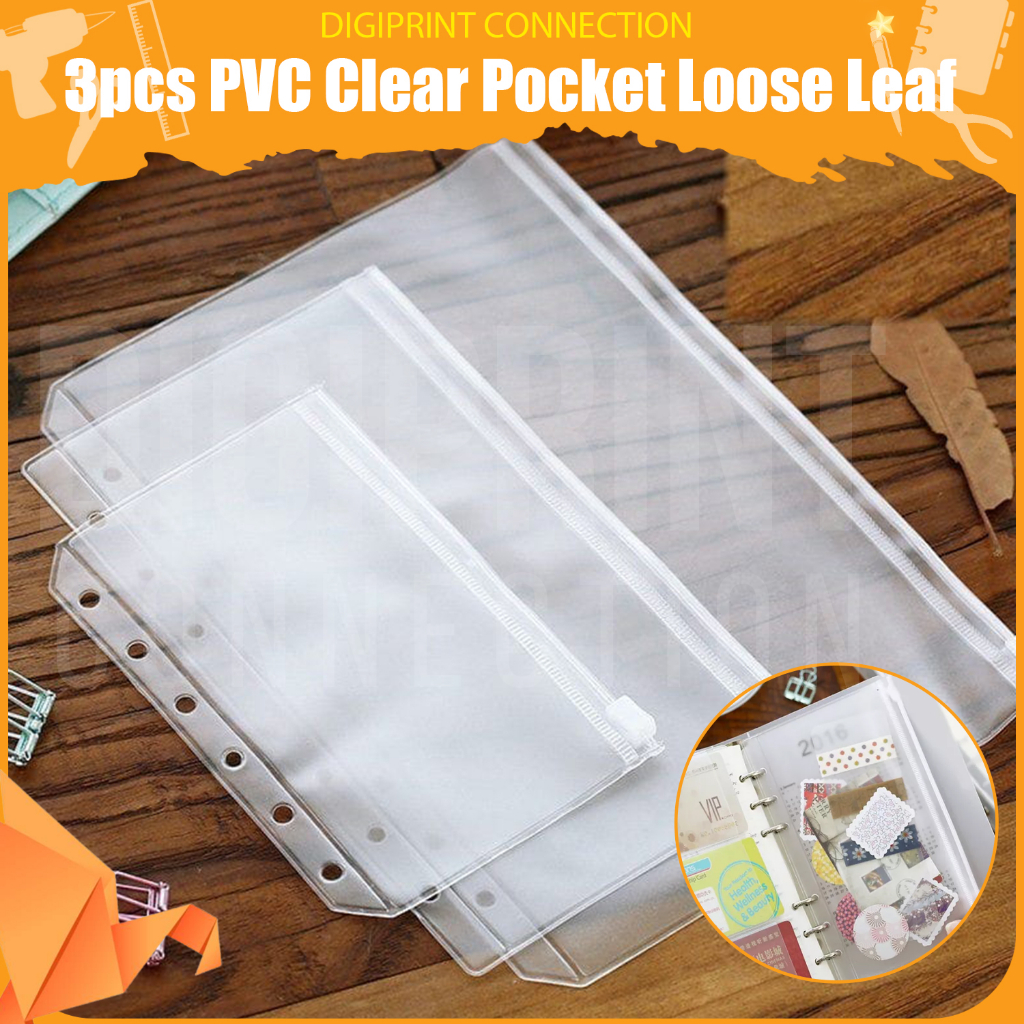 3pcs PVC Zip Pocket Clear A5 A6 A7 Loose Leaf Calling Cards For Binder