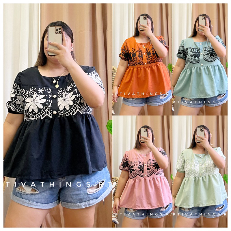 PLUS SIZE XL-3XL Klea Top Eyelet Senepa Peplum Pearl Buttons Puffsleeve ...