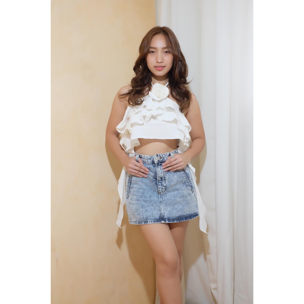Rosette Top Ruffle Trim Backless Crop Top | Shopee Philippines
