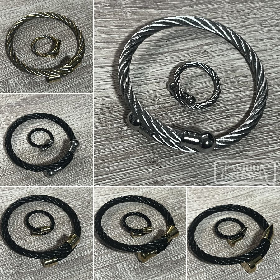 Fashion Gateway Stainless Steel Twist Cable Wire Cuff Bangle and Ring ...