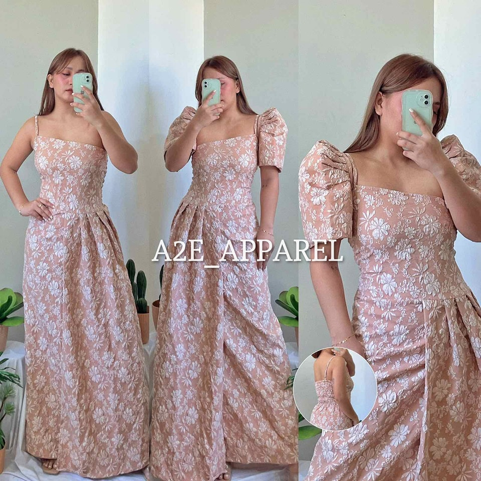 A2E | Amor Filipiniana Dress | Modern Filipiniana Maxi Dress with detachable sleeves with slit ...