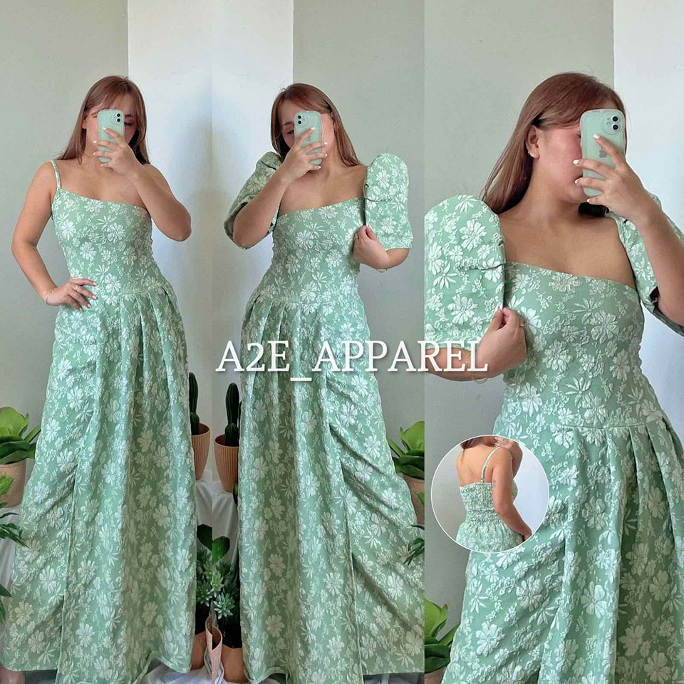 A2E | Amor Filipiniana Dress | Modern Filipiniana Maxi Dress with detachable sleeves with slit ...