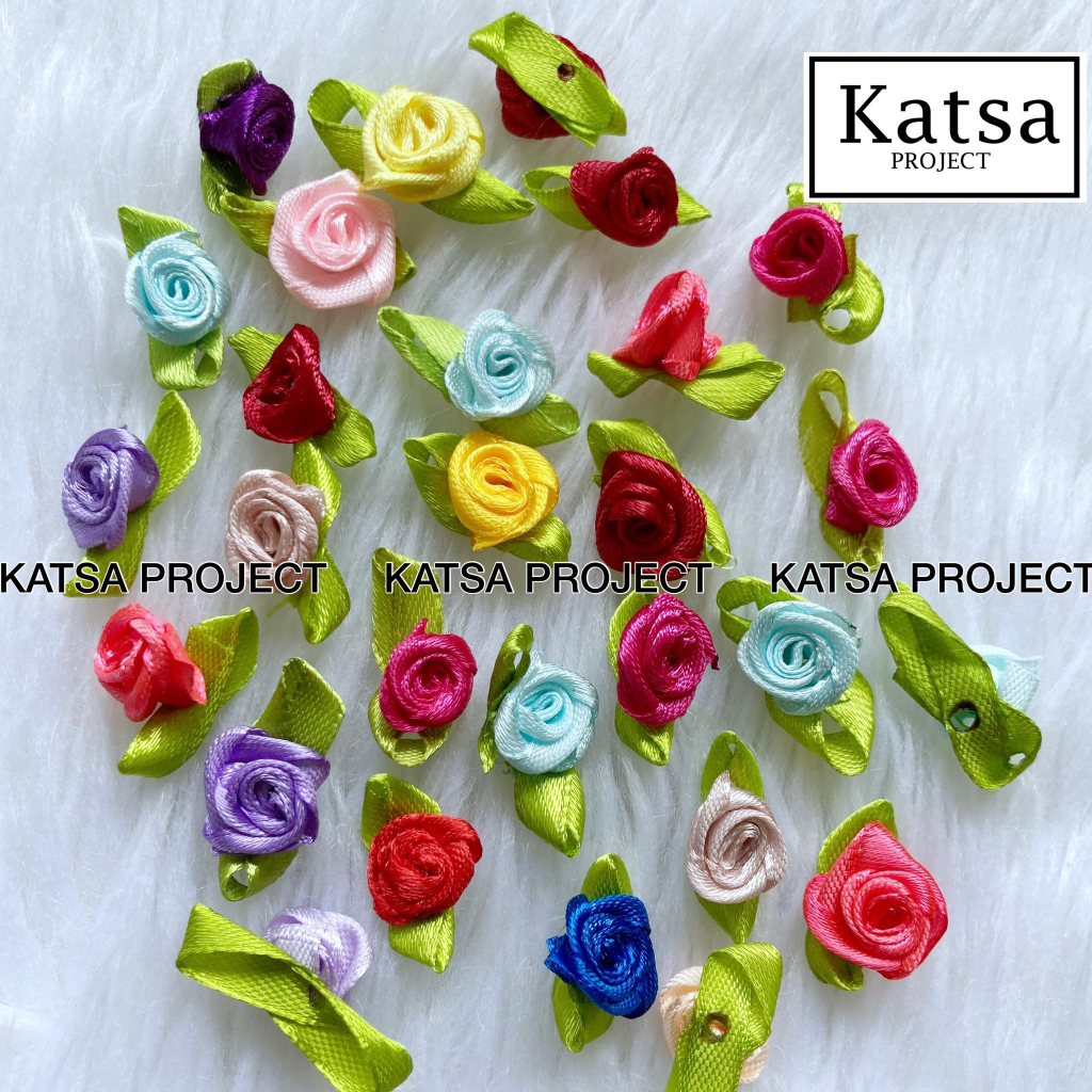 27mm (10 PCS) Wide Mini Handmade Rose Flower Satin Ribbon Rosettes ...
