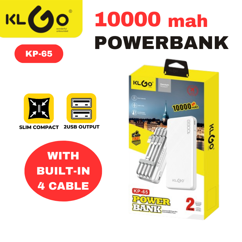 KLGO KP-65 10000mah Handy Powerbank with Built-in 4 Cable Fast Charging ...
