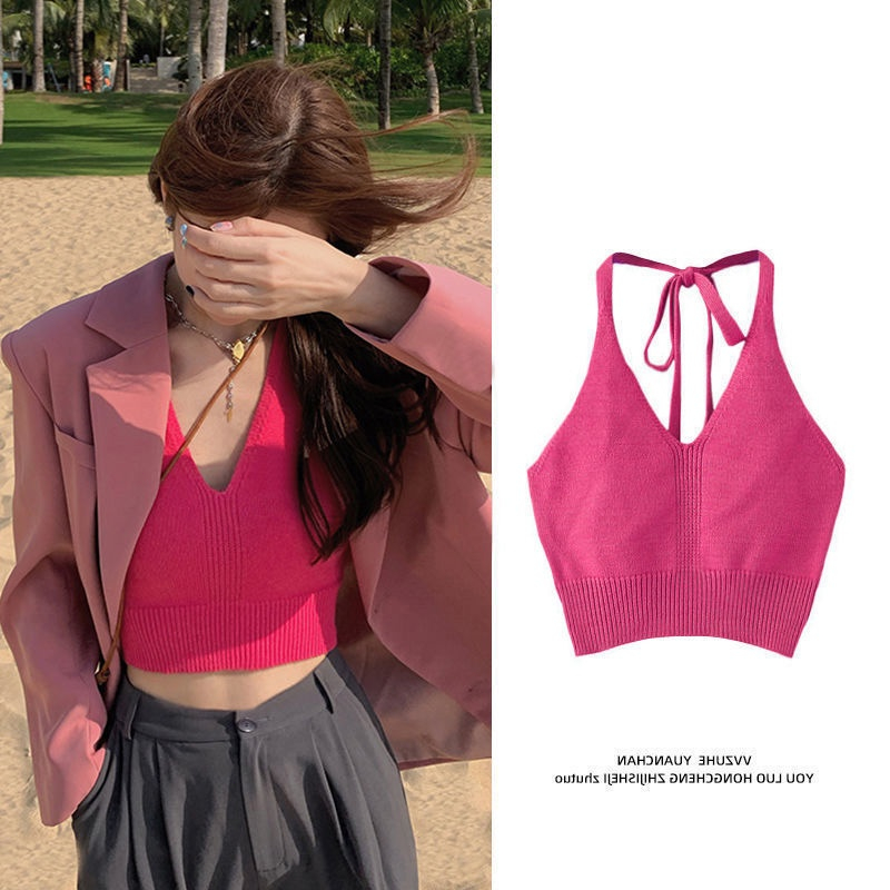 Women's Tanks Striped Halter Sexy Sweet Backless Bandage Exposure Navel ...