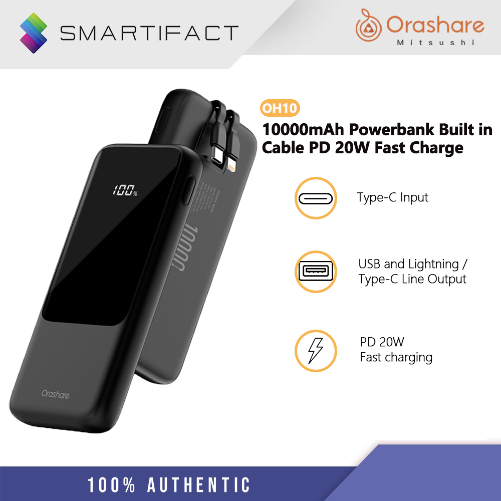 Orashare OH10 10000mAh Powerbank with Built-in 2 Cables Large Smart ...