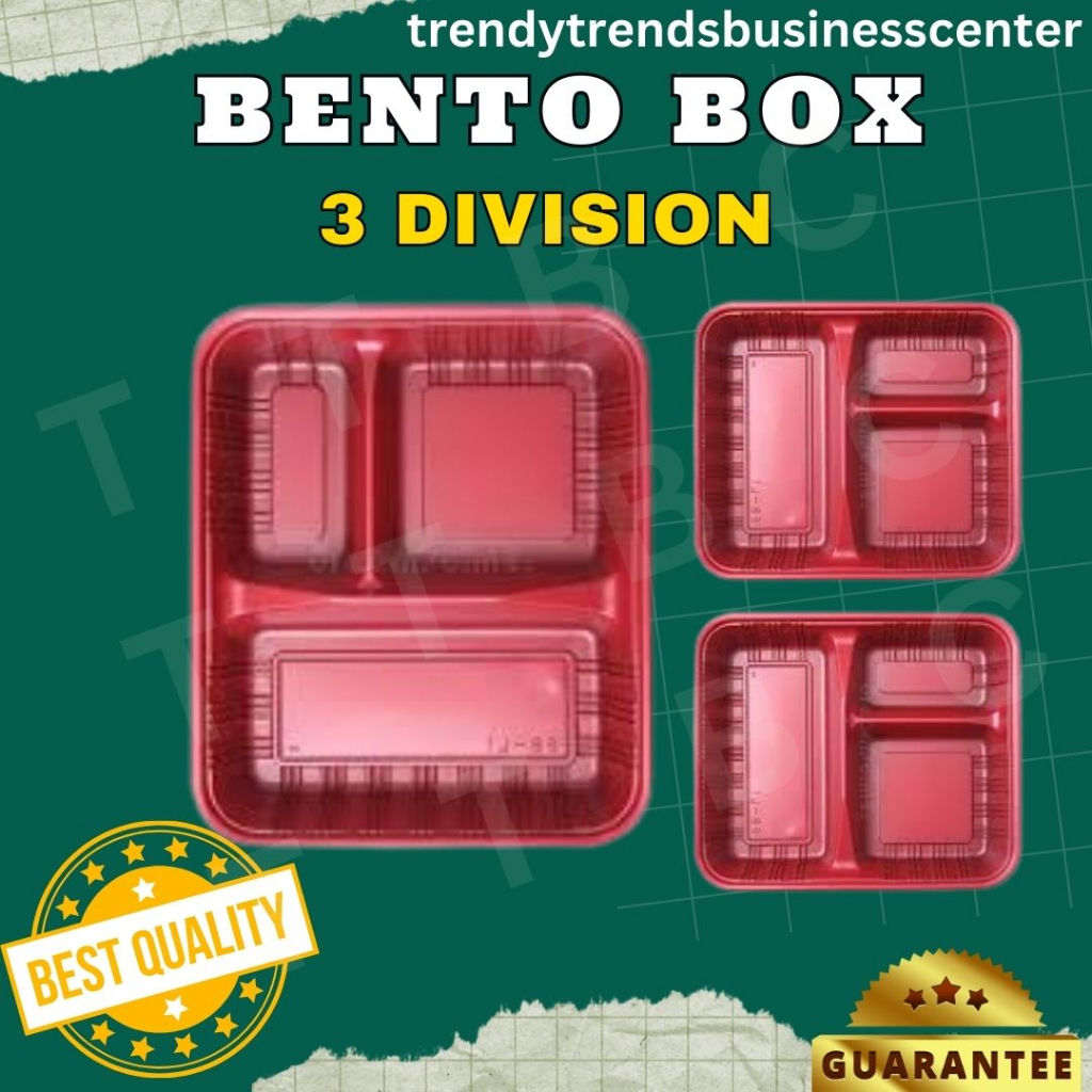 [10 PCS] 3 DIVISION RED BENTO BOX WITH THICK PLASTIC LIDS 170-180 ...