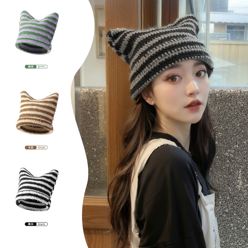 Cute Cat Ears Pointed Women's Hip Hop Hats Little Devil Cat Ear Knitted ...