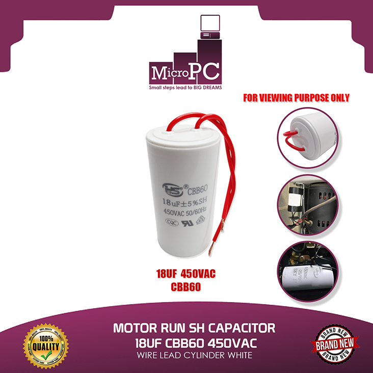 MICRO PC MOTOR RUN SH CAPACITOR 18UF CBB60 450VAC, WIRE LEAD CYLINDER ...