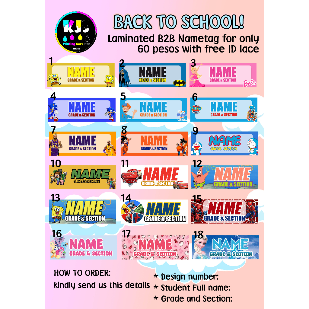 Back to school laminated name tag back to back print with free lace ...