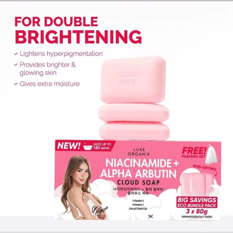Niacinamide + Alpha Arbutin Cloud Soap 3 x 80g (Eco Bundle Pack) Luxe organix | Shopee Philippines