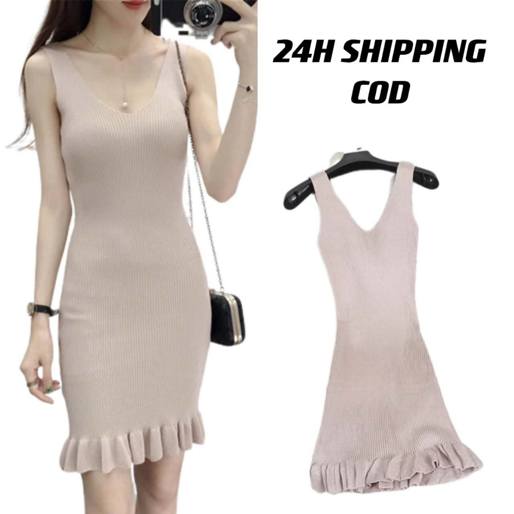 Knit V Neck Desss Sleeveless Slim Fitted Knitted Dress | Shopee Philippines