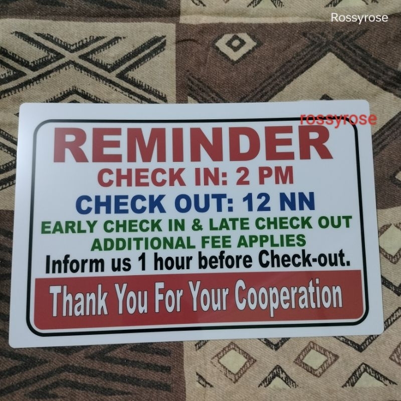 PVC Reminder Check in 2PM Check out 12NN PVC Plastic Signage (7.8x11 ...