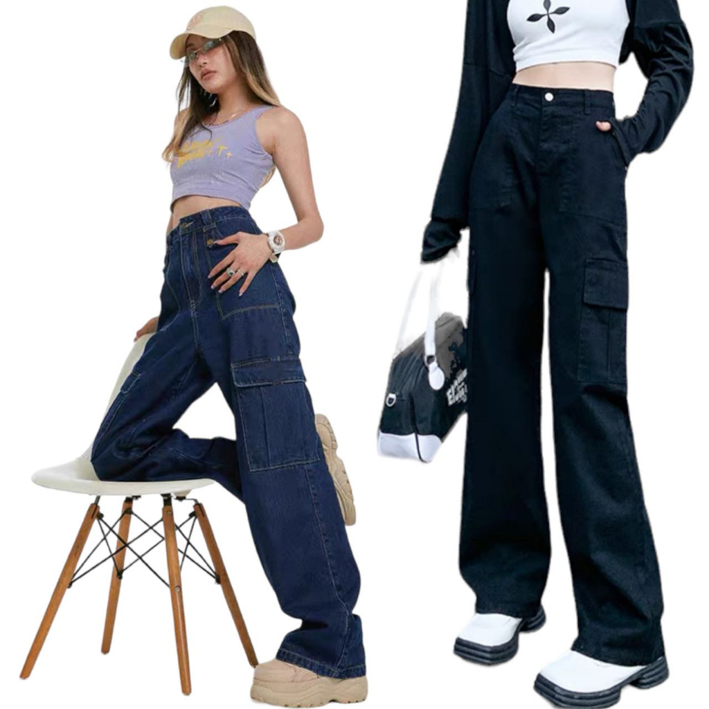 Sku 666 Affordable Fashionable Trendy 6 Pocket High Waist Denim Wide Legbaggy Pants High