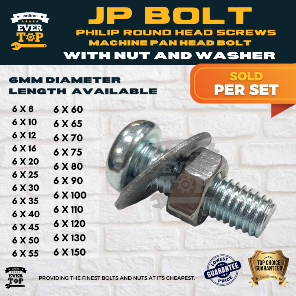 6mm (1.0p) JP BOLT with Nut & Washer Machine Panhead Phillips Screw ...
