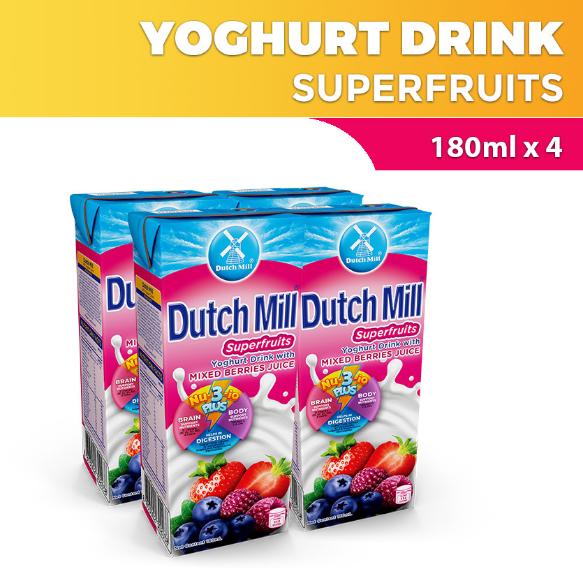 Dutch Mill UHT Yoghurt Drink Superfruits with 4 Mixed Berries Juice 180ml x 4 brick | Shopee ...