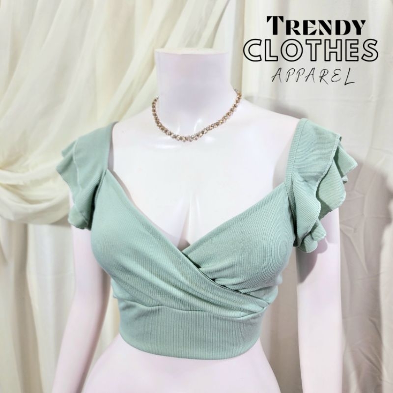 Overlap ruffle sleeves knitted cropped top (cecile top) | Shopee ...