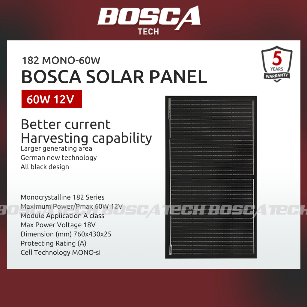 BOSCA Monocrystalline Solar Panel 5 YEAR WARRANTY MONO 60W 12V Solar ...