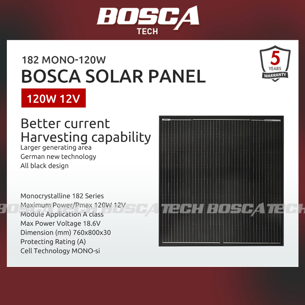 BOSCA Monocrystalline Solar Panel 5 YEAR WARRANTY MONO 120W 12V Solar ...