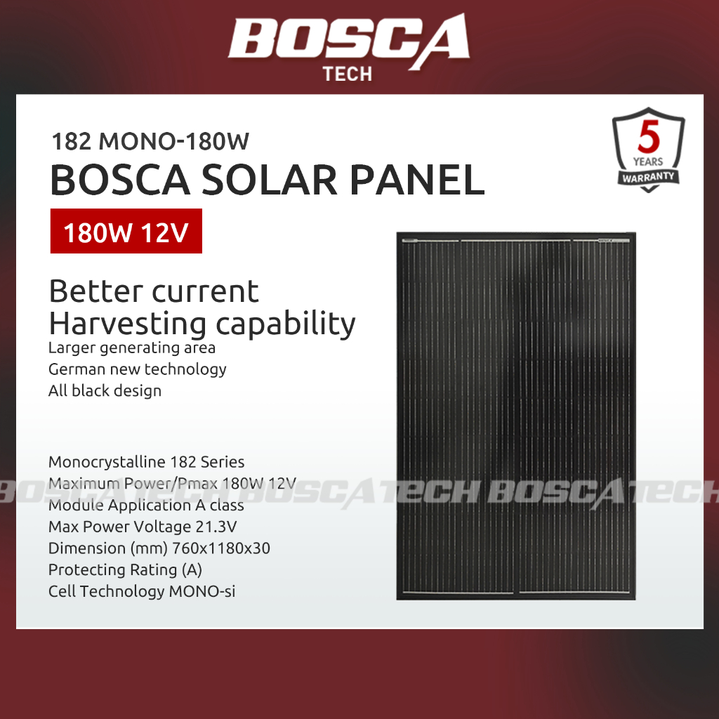 BOSCA Monocrystalline Solar Panel 5 YEAR WARRANTY MONO 180W 12V Solar ...