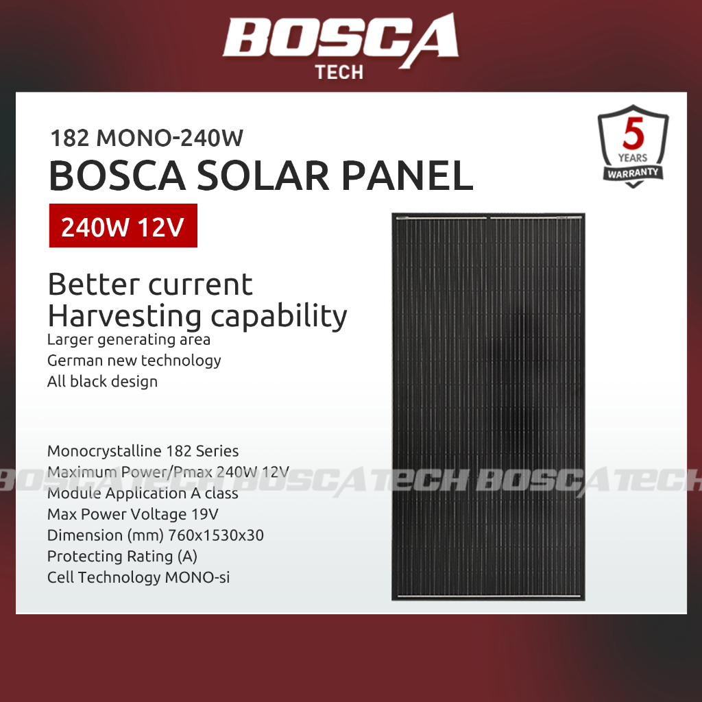 BOSCA Monocrystalline Solar Panel 5 YEAR WARRANTY MONO 240W 12V Solar ...