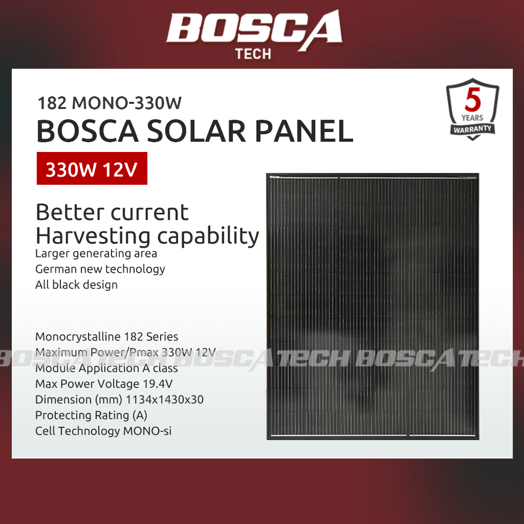 BOSCA Monocrystalline Solar Panel 5 YEAR WARRANTY MONO 330W 12V Solar ...