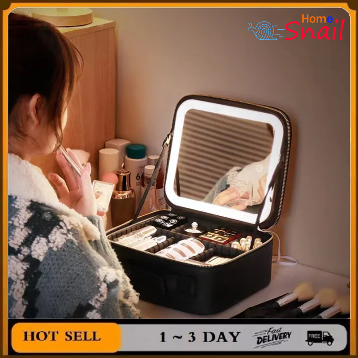 Fashion Makeup Bag With Mirror LED Light Organizer Cosmetic Pouch Large ...