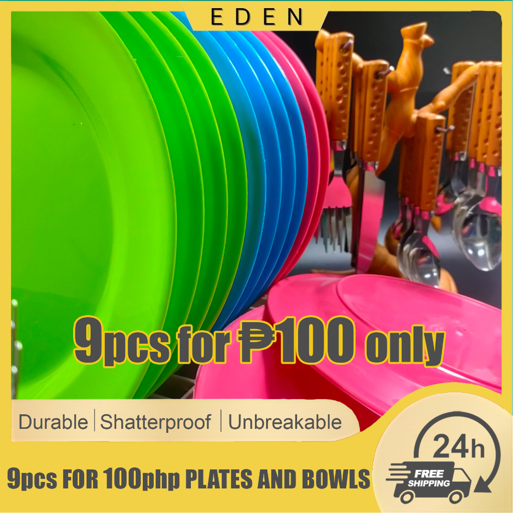 9Pcs/Set Plate & Bowl Unbreakable Non Grease Candy Color Plastic Dinner ...