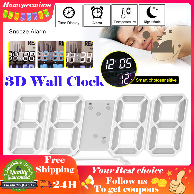 3D LED Digital Smart Alarm Clock Wall Clock Modern Thermometer Display ...