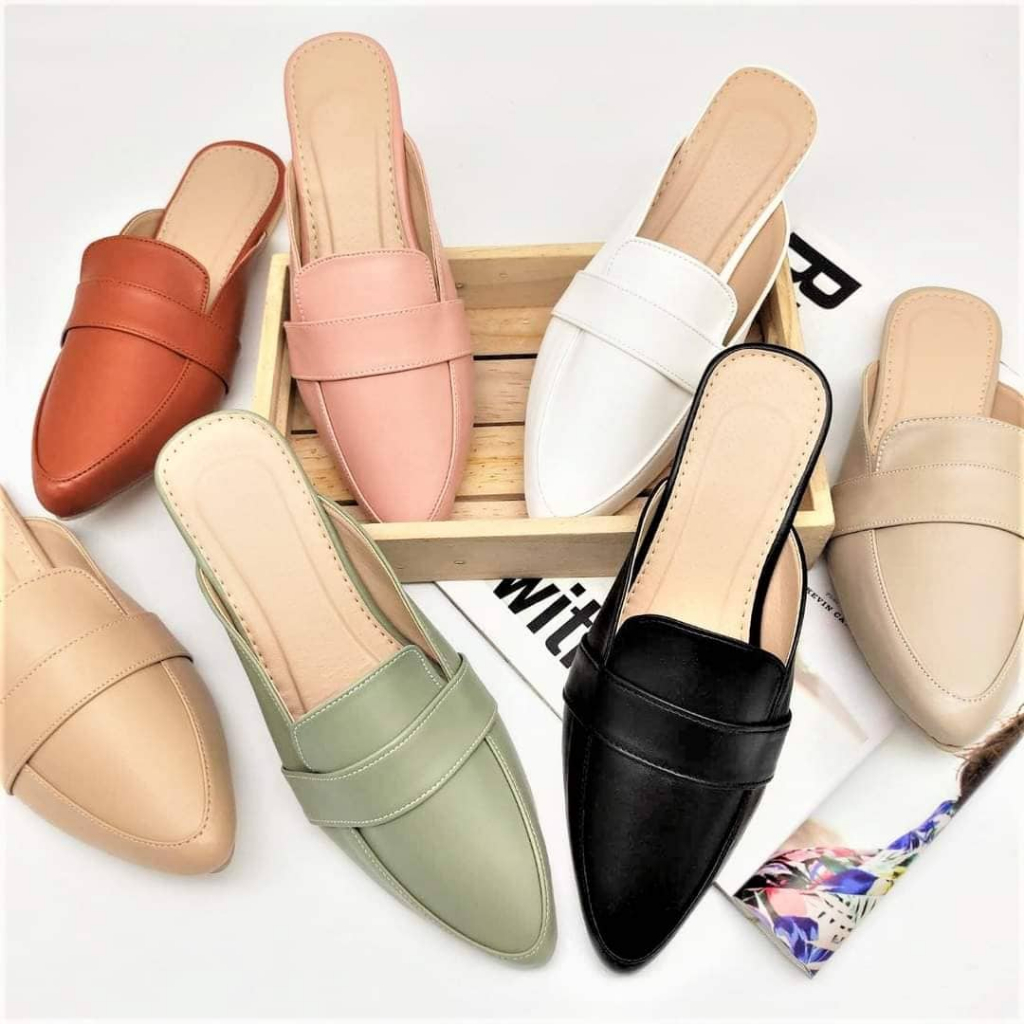 Liliw (S&M 656) Pointed Flat Plain Vegan Leather Mules (Narrow Fit/ add ...