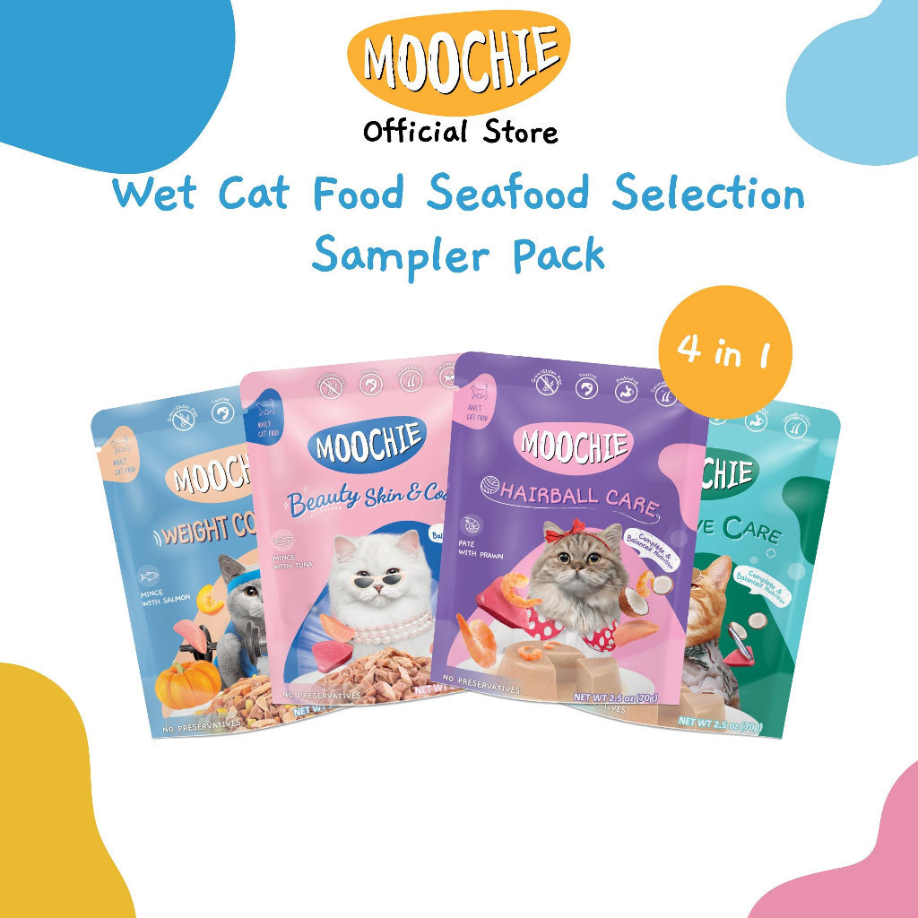 Moochie Wet Adult Cat Food 4 Flavors in 1 Sampler Bundle 70g Pouches ...