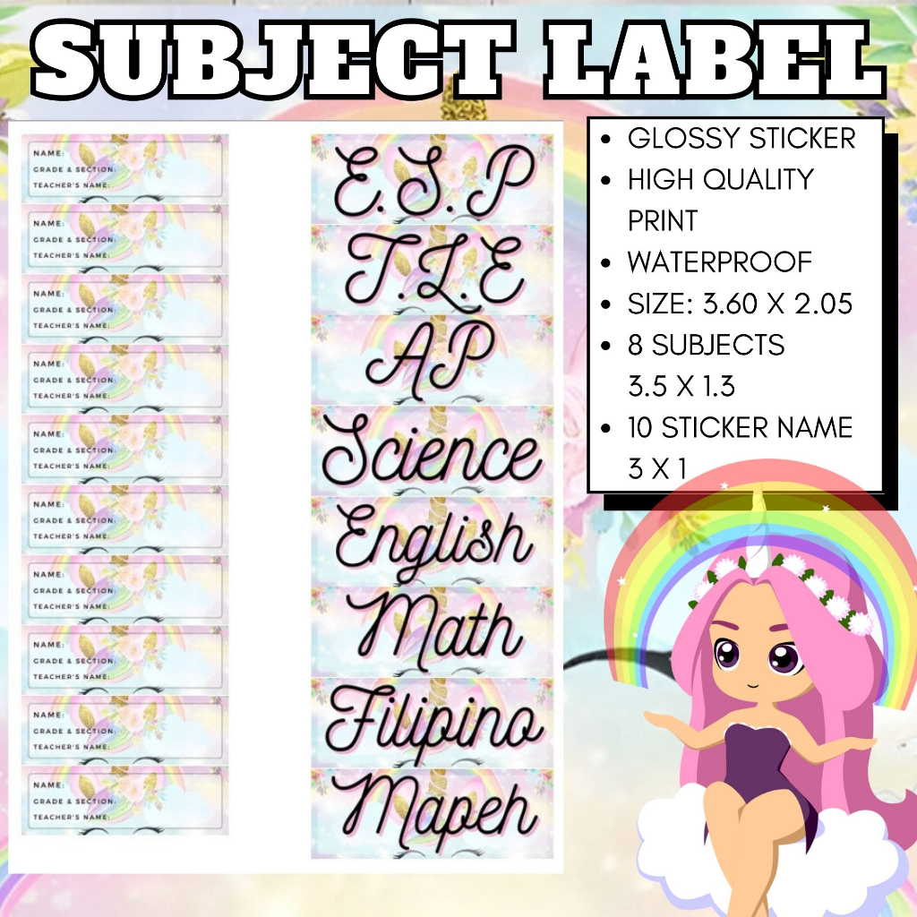 KUTKUTIN - 3 UNICORN THEMED SUBJECT LABEL / SUBJECT STICKER AND NAME ...