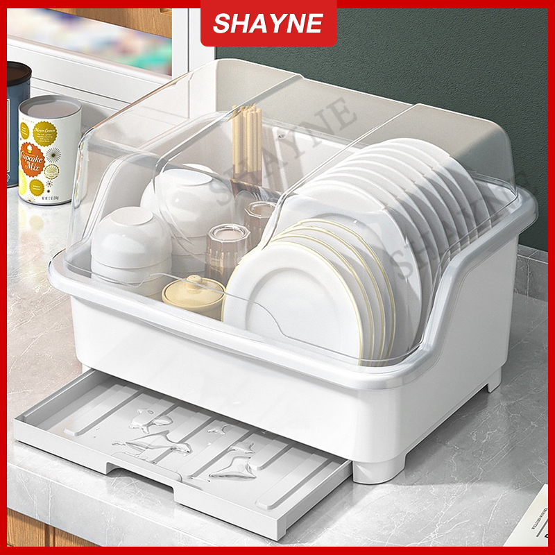 Kitchen Dish Rack With Drainpan Plastic Full Flap Plate Organizer Dust ...