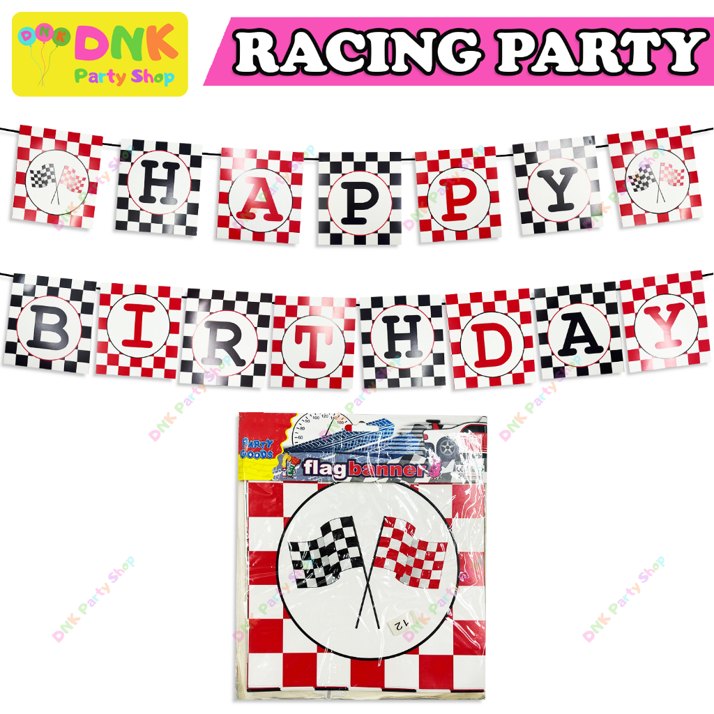 Cars Racing Checkered Black White Party Decor Happy Birthday Banner ...