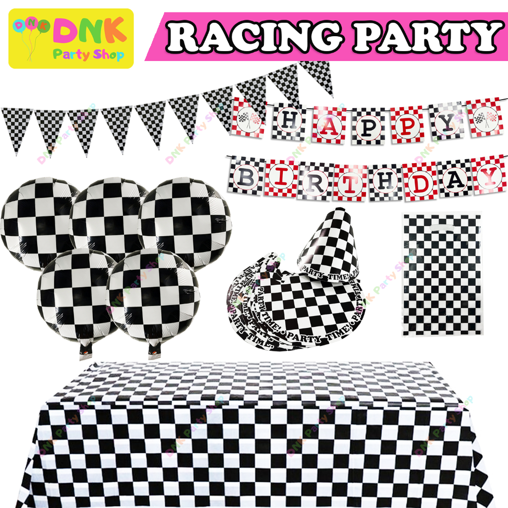 Cars Racing Checkered Black White Party Decor Happy Birthday Banner ...
