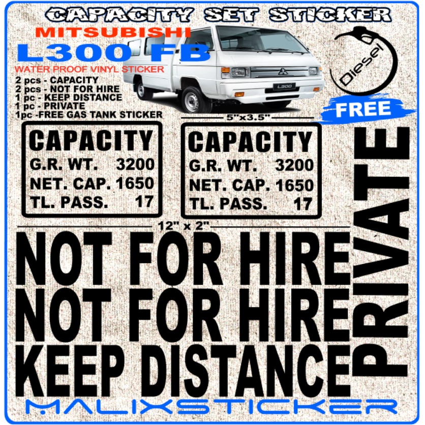 L300 FB CAPACITY STICKER SET NOT FOR HIRE / KEEP DISTANCE / PRIVATE ...