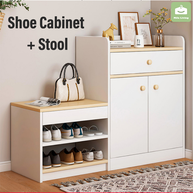 Nordic Design Wood Shoe Cabinet with Shoe Stool Shoe rack storage ...
