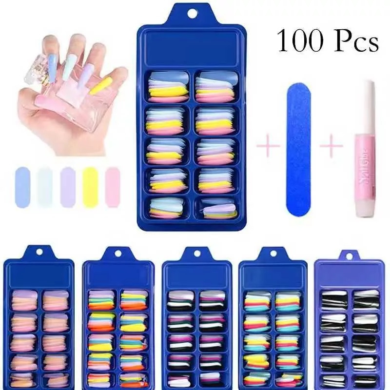 [With Glue]100PCS Set Candy Color False Nail Matte full Coverage Long ...