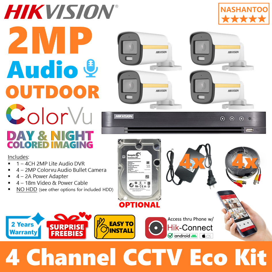 HIKVISION 4CH 2MP ColorVU Audio 4Cameras Outdoor Bullet Package ECO Kit ...