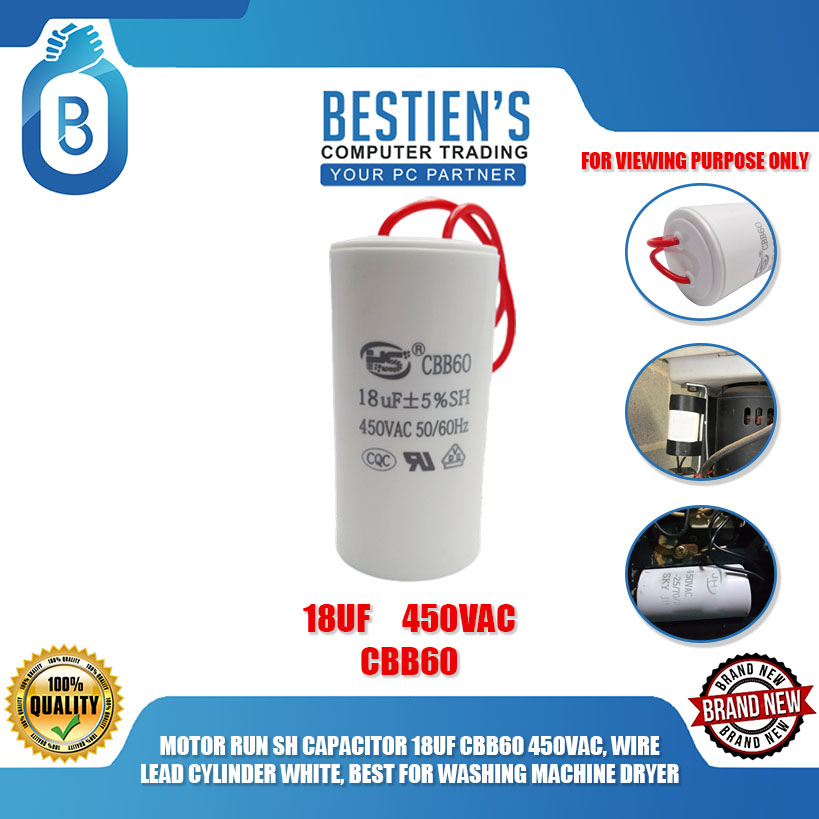 MOTOR RUN SH CAPACITOR 18UF CBB60 450VAC, WIRE LEAD CYLINDER WHITE ...
